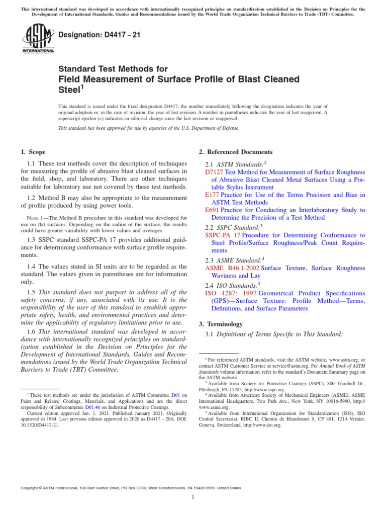 D 4417 21 Field Measurement of Surface Profile of Blast Cleaned Steel ...