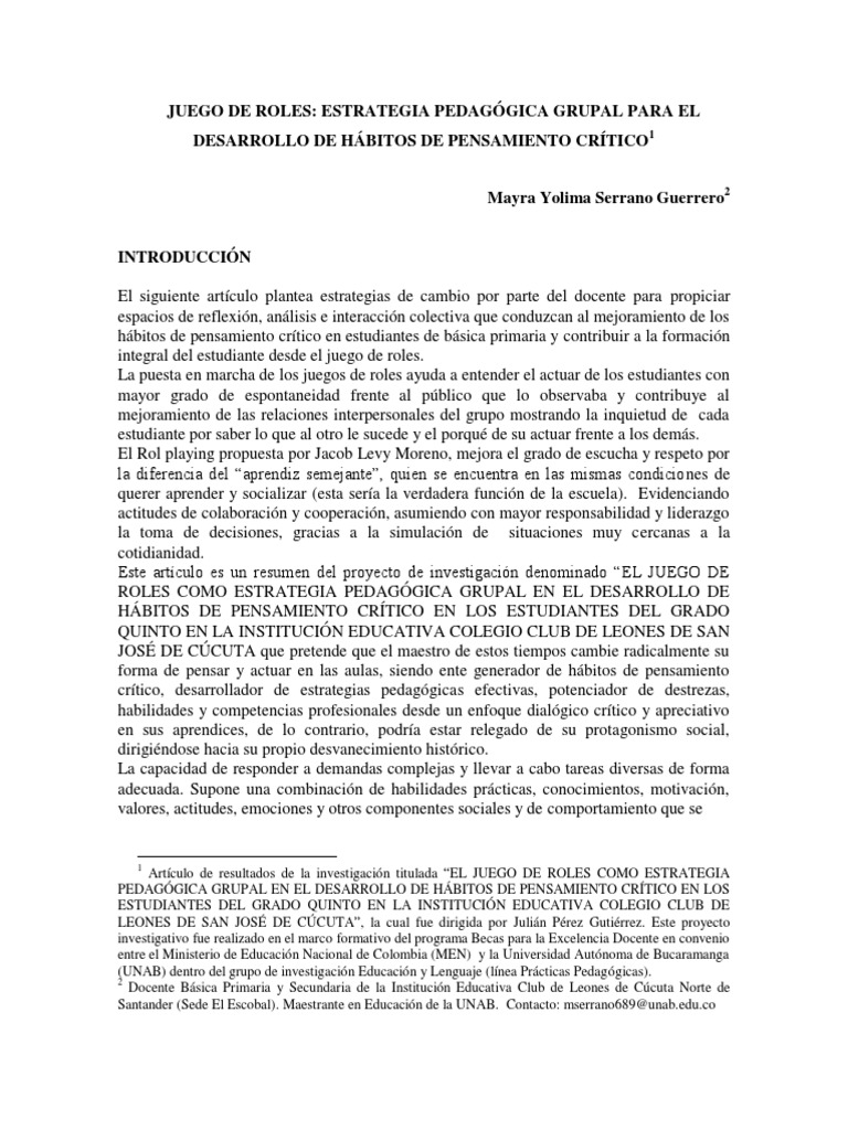Juego De Roles Estrategia Para El Desarrollo De Hábitos De Pensamiento Crítico 08 12 22 Pdf 