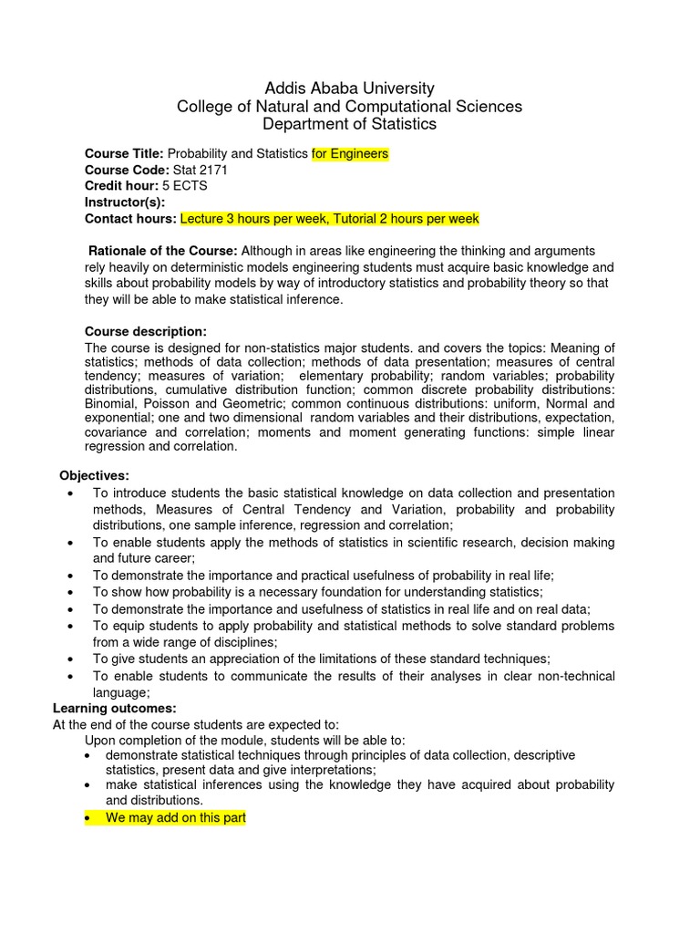 1probability and Statistics For Pre-Engineers Course Outline | PDF | Probability Distribution ...