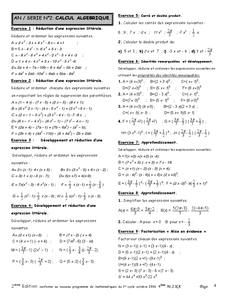 Exercices Corrigés de Calcul Algébrique 4ème | PDF | Mathématiques | Échecs