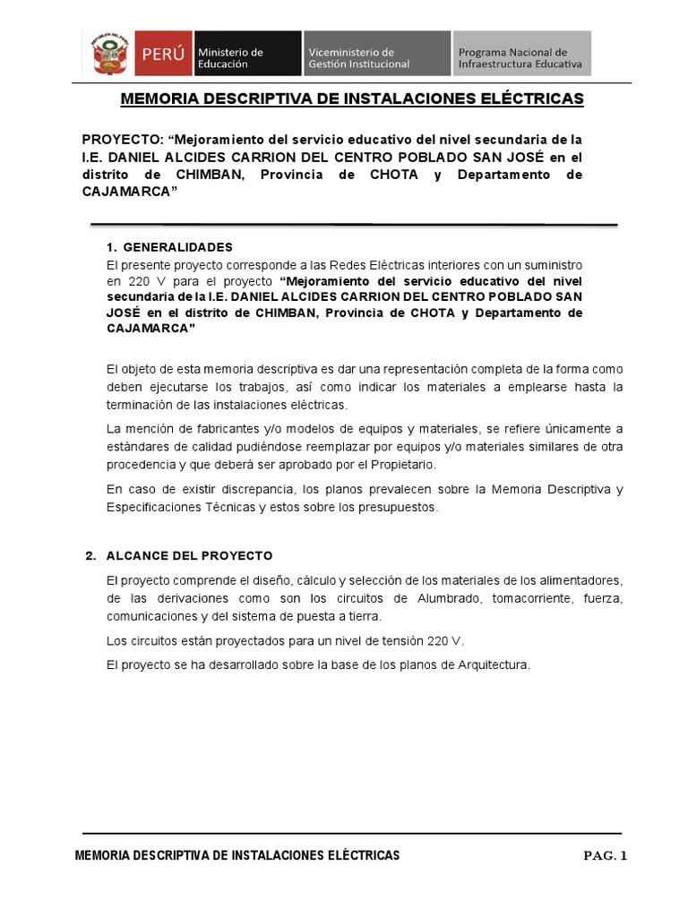 Memoria Descriptiva de Instalaciones Electricas y de Comunicaciones | PDF | Corriente eléctrica ...