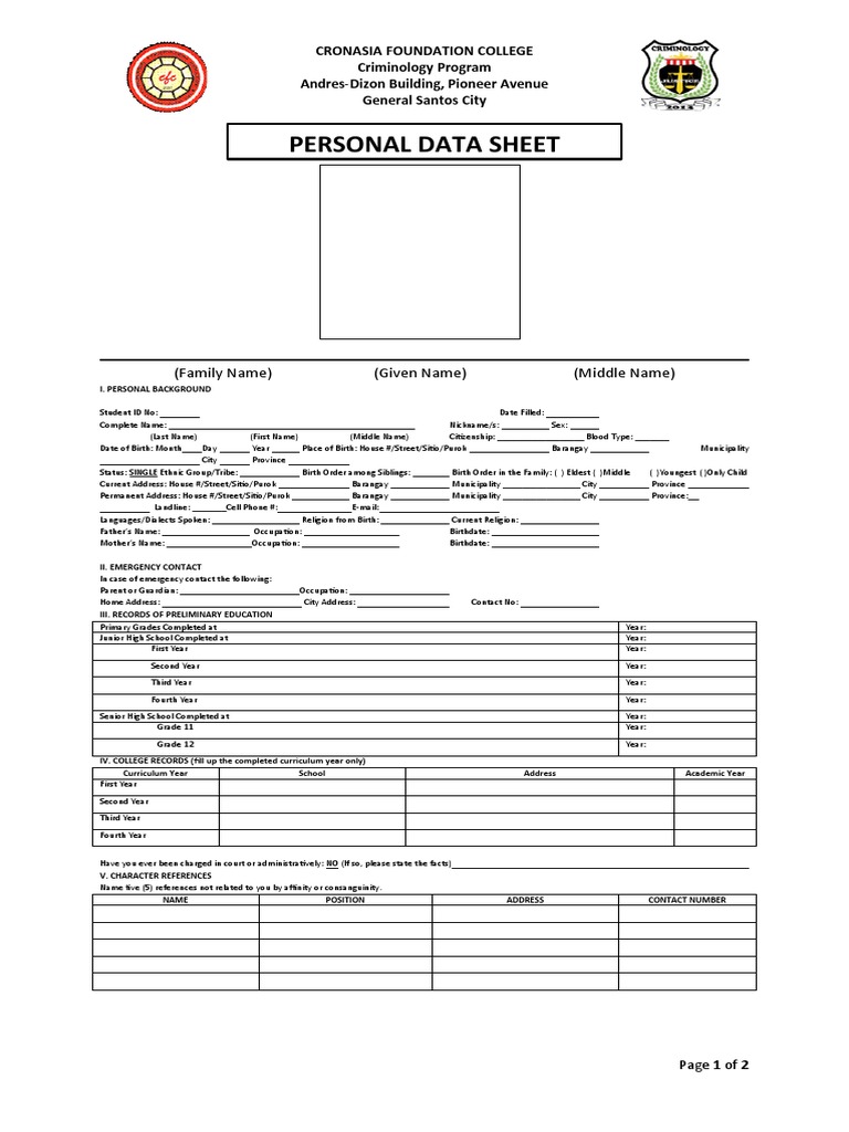 Personal Data Sheet | PDF