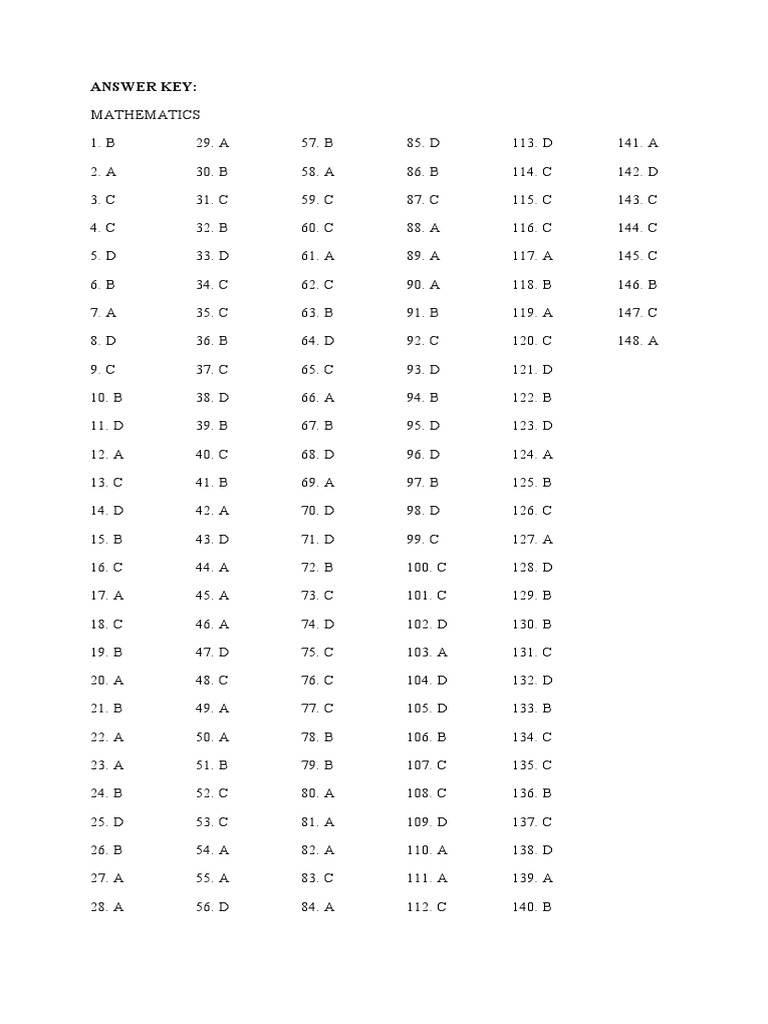 Answer Key Mathematics | PDF