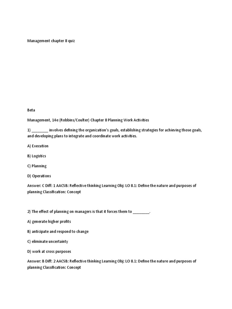 Management Chapter 8 Quiz | PDF | Goal Setting | Goal