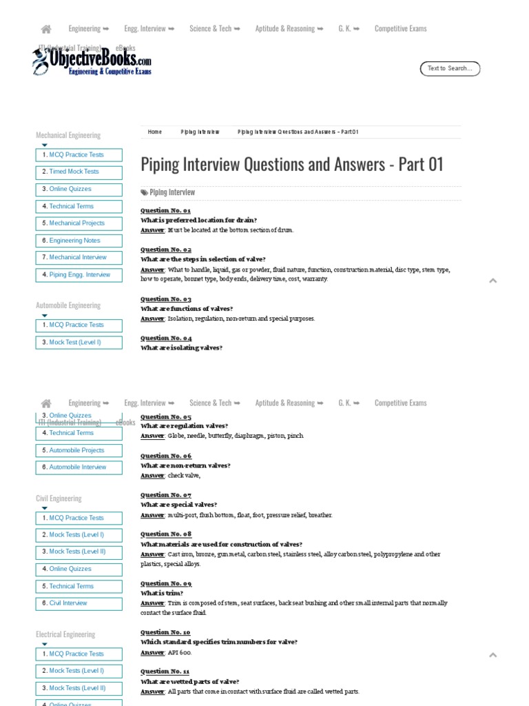 Piping Interview Questions and Answers - Part 01 | PDF | Valve ...