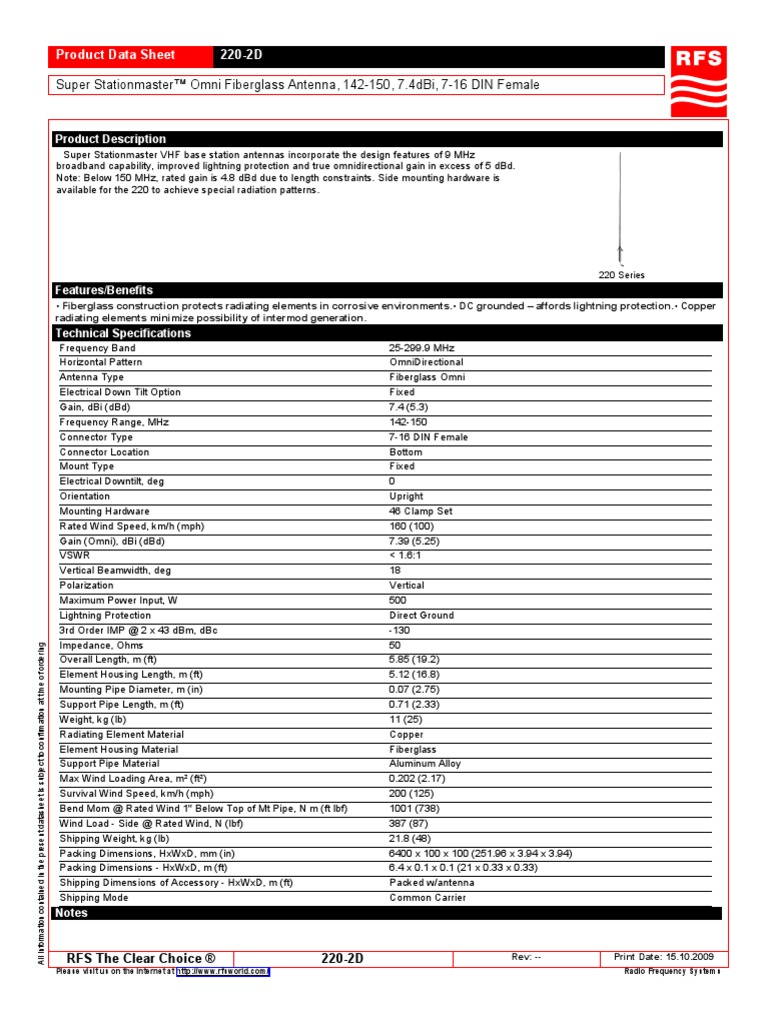 RFS 220-2D | PDF | Antenna (Radio) | Electromagnetic Radiation