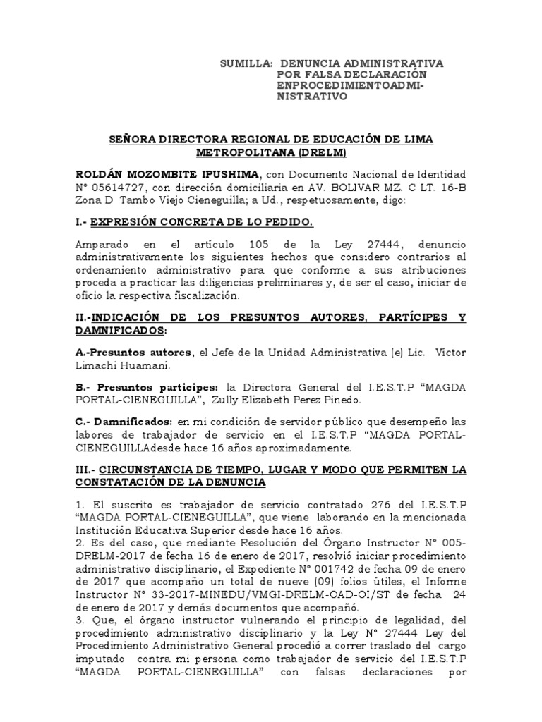 Denuncia Administrativa Contra Directora, Administrador | PDF | Justicia | Crimen y violencia