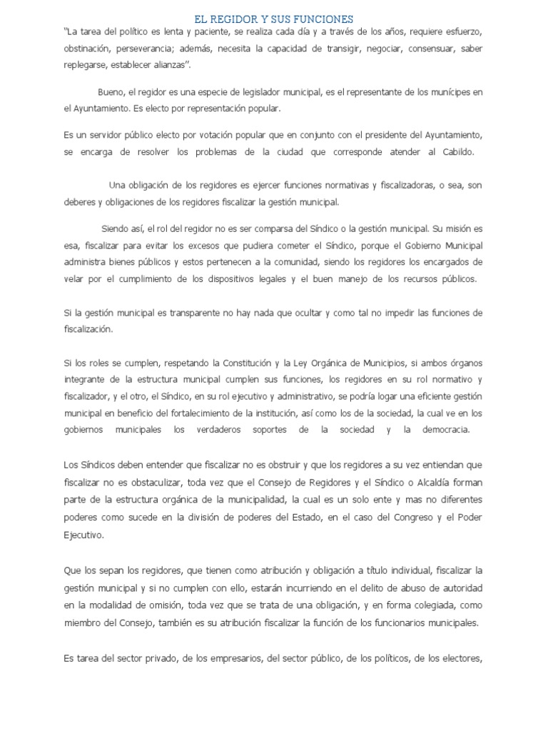 El Regidor y Sus Funciones | PDF | Gobierno local | Alcalde