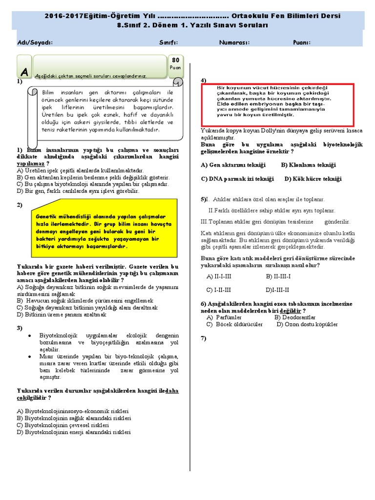 2016-2017Eğitim-Öğretim Yılı . Ortaokulu Fen Bilimleri Dersi 8.sınıf 2. Dönem 1. Yazılı Sınavı ...