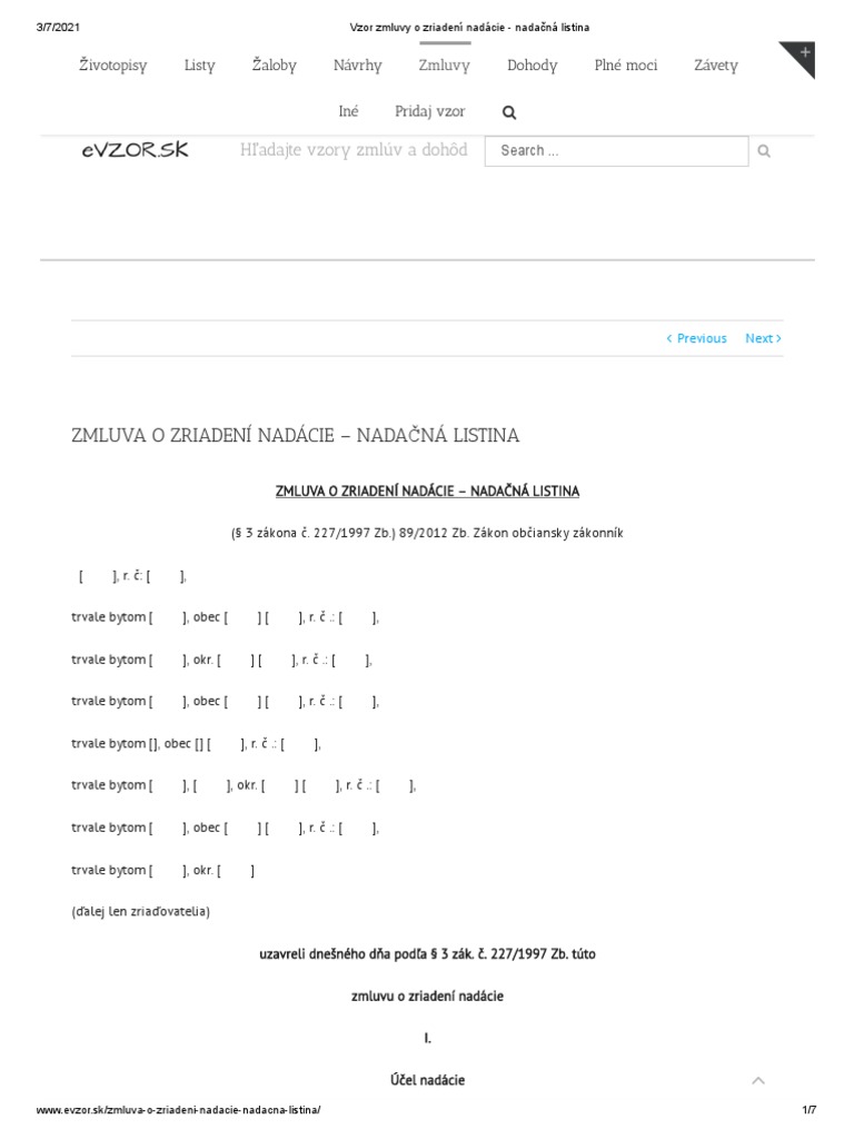Vzor Zmluvy o Zriadení Nadácie - Nadačná Listina | PDF