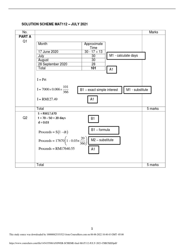 Comprehensive Solution Scheme for MAT112 July 2021 Examination with Detailed Workings and ...