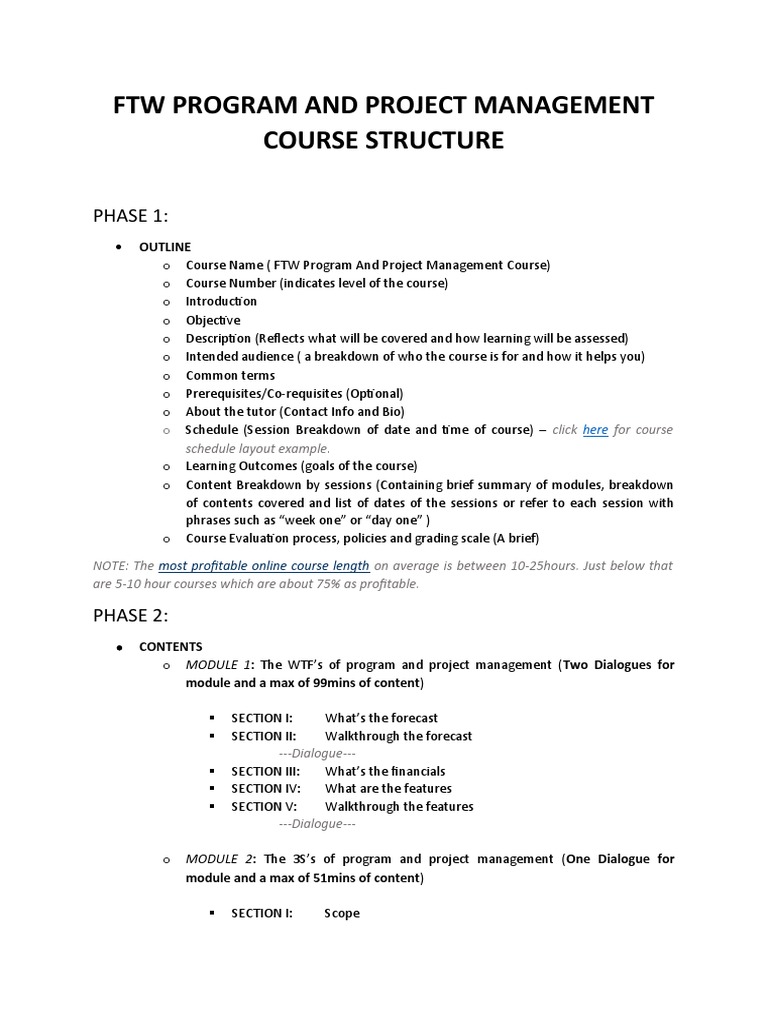 Ftw Program And Project Management Course Structure Pdf Project