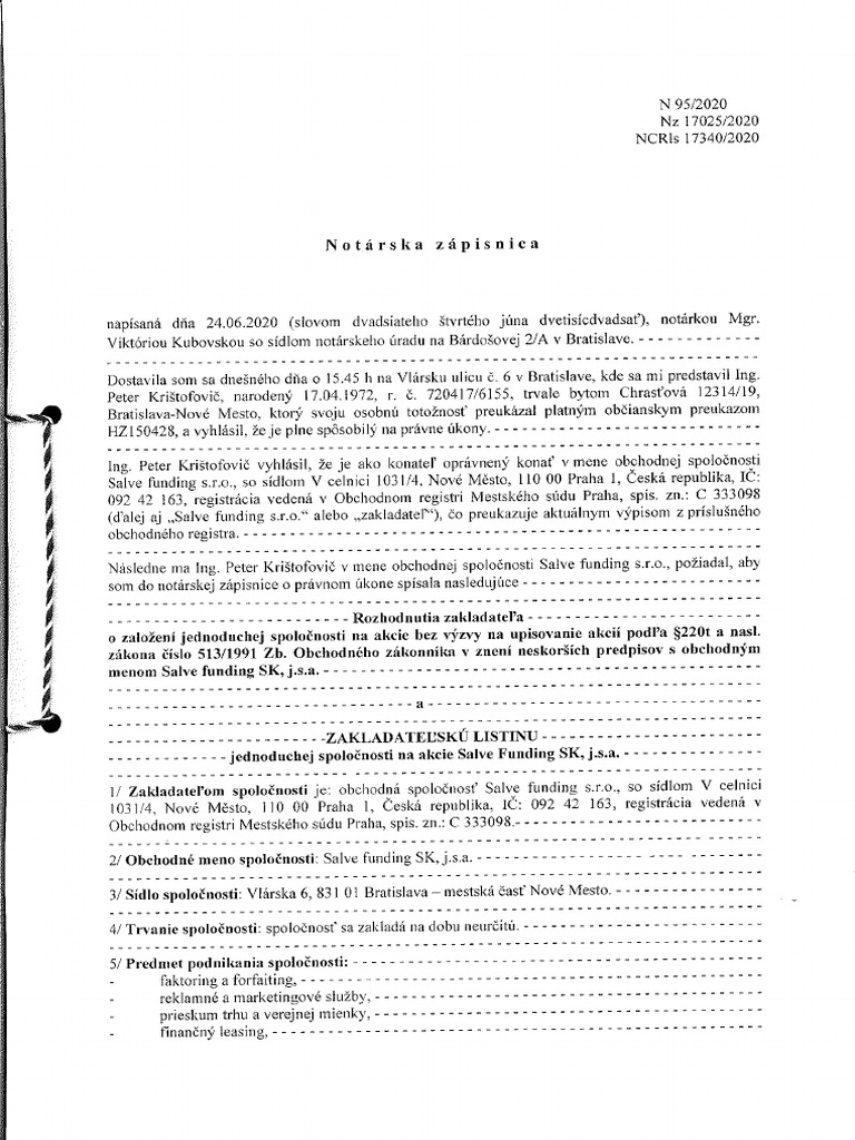 Notarska Zapisnica o Zalozeni A Stanovy | PDF