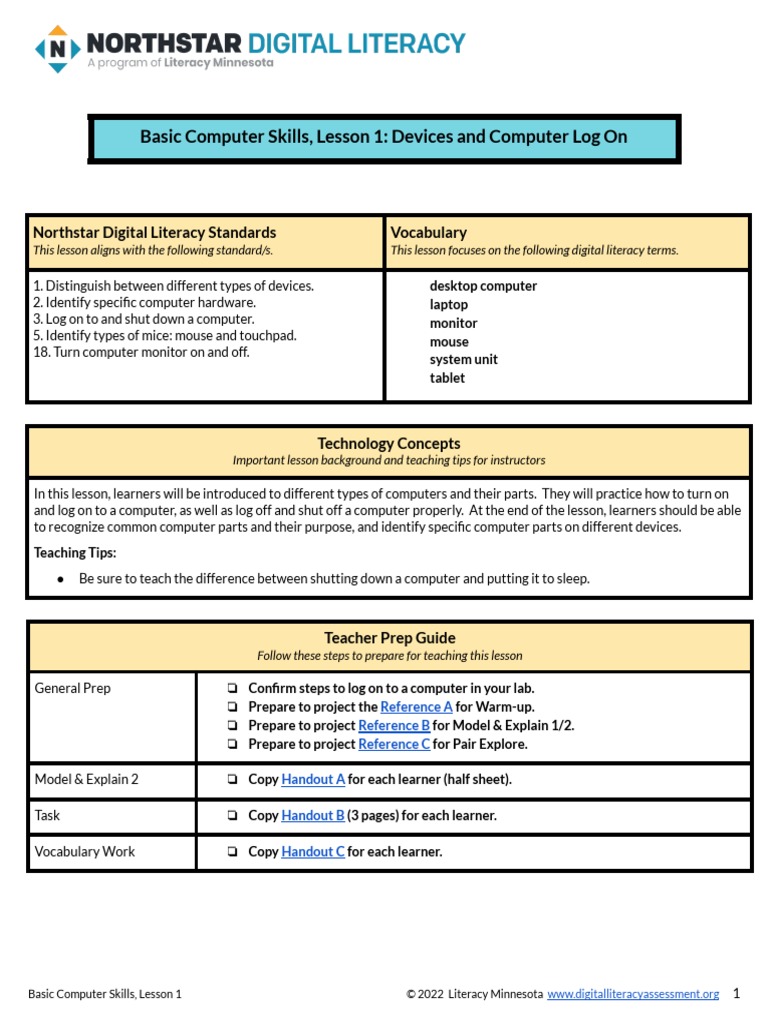 Lesson 1 - Devices and Computer Log On | PDF | Computer Keyboard | Laptop