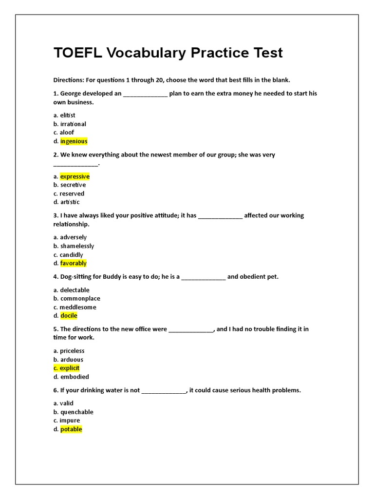 TOEFL Vocabulary Practice Test | PDF