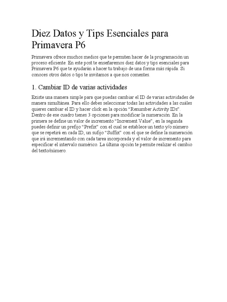 11 - Diez Datos y Tips Esenciales para Primavera P6 | PDF | Informática