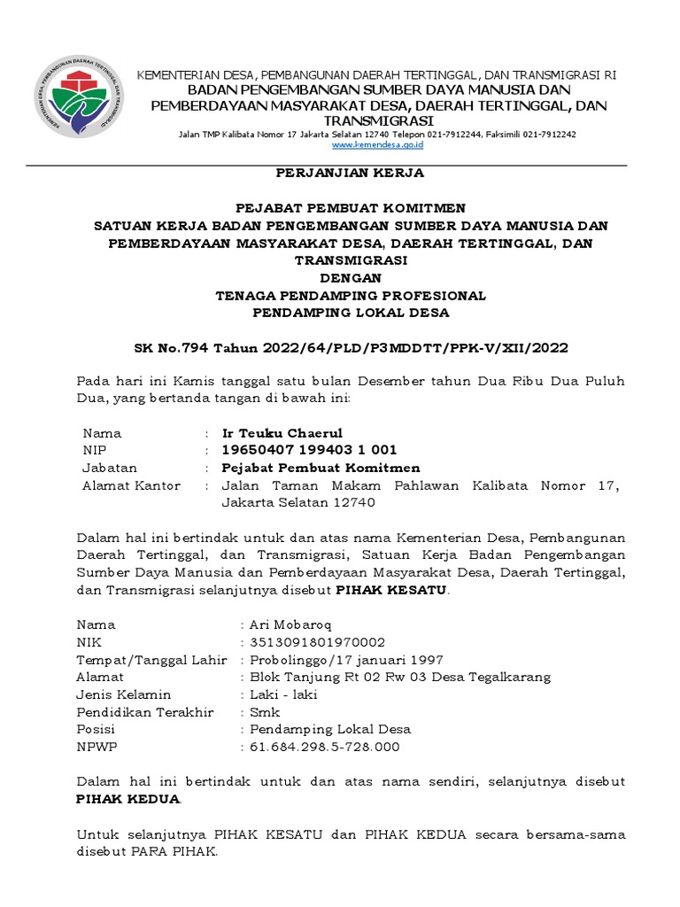 SURAT PERJANJIAN KERJA ARI M. PLD 2022 Rekrutmen Baru 2022 | PDF