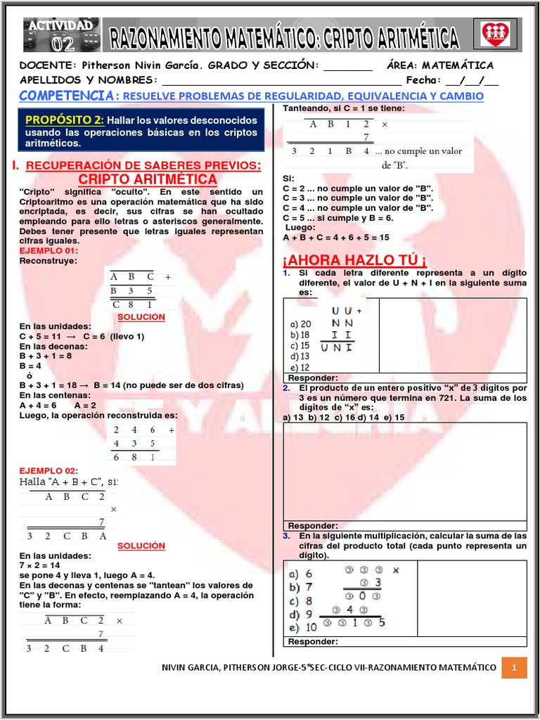 5°-RM - Ficha 2-Criptoaritmética | PDF | Matemáticas | Aritmética