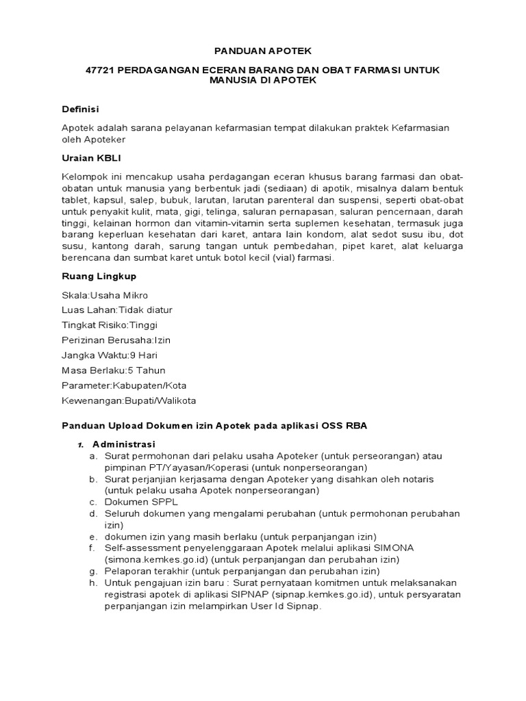 Panduan Pengisian Data Izin Apotek Pada Aplikasi OSS RBA | PDF