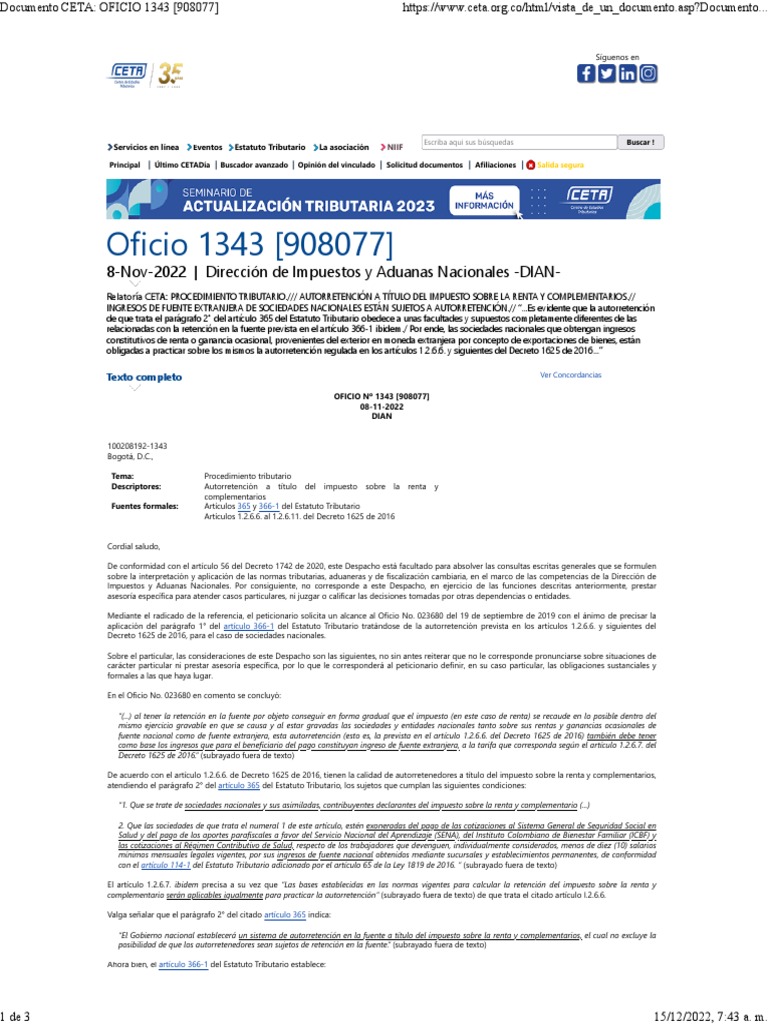 Oficio No. 1343 [908077] 08 11 2022 Autorretención ys exportaciones | PDF | Impuesto sobre la ...