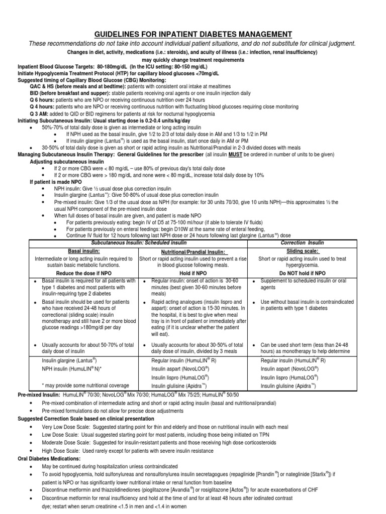 GUIDELINES FOR INPATIENT DIABETES MANAGEMENT هااام | PDF | Insulin ...