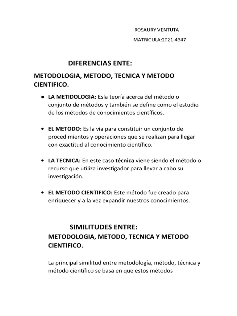 Diferencias y Similitudes de Metodologia, Metodo, Tecnica y Metodo Cientifico | PDF | Ciencia y ...