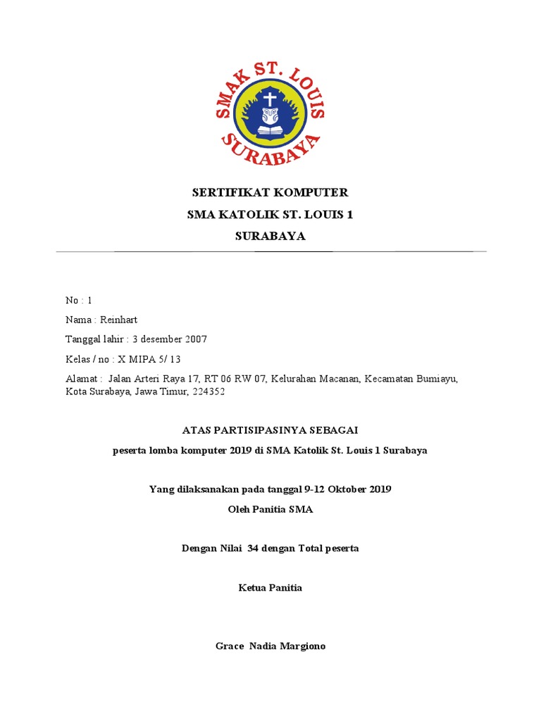 Sertifikat Lomba Komputer 2019 SMA St. Louis 1 | PDF