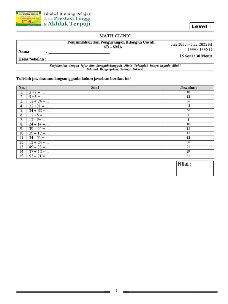 Math Clinic (Penjumlahan Dan Pengurangan Bilangan Cacah) | PDF
