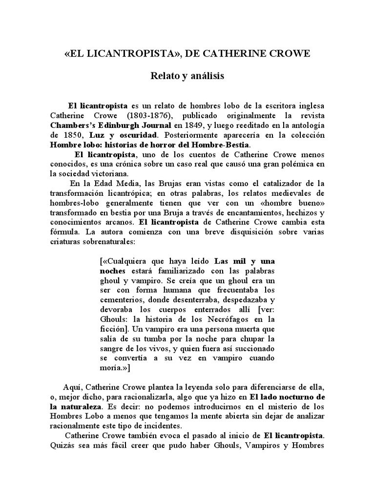 (Catherine Crowe) EL LICANTROPISTA - Relato y Análisis | PDF | Hombres ...