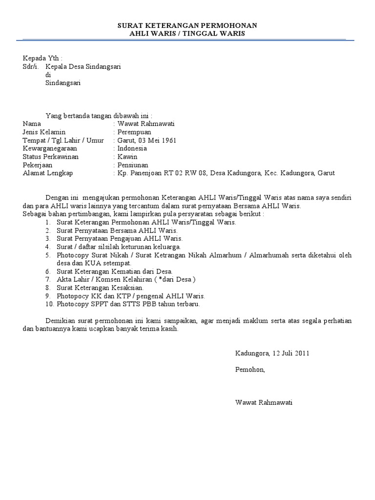 Surat Keterangan Permohonan Ahli Waris | PDF