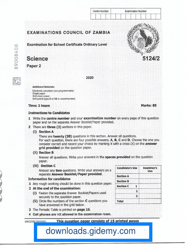 2020 Ecz Grade 12 Internal Science Paper 2 | PDF