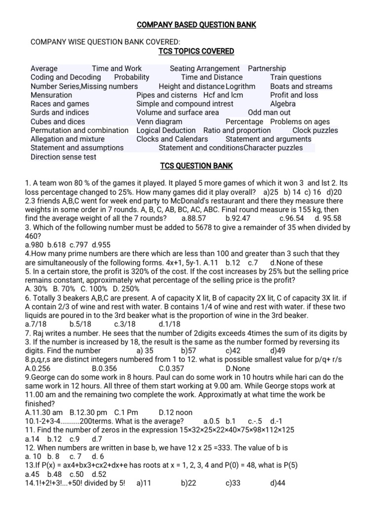 TCS Aptitude Question Bank | PDF