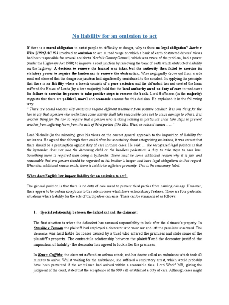 Liability For Omissions | PDF | Negligence | Duty Of Care