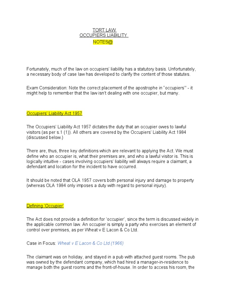 Occupiers Liability Notes | Download Free PDF | Legal Liability | Duty ...