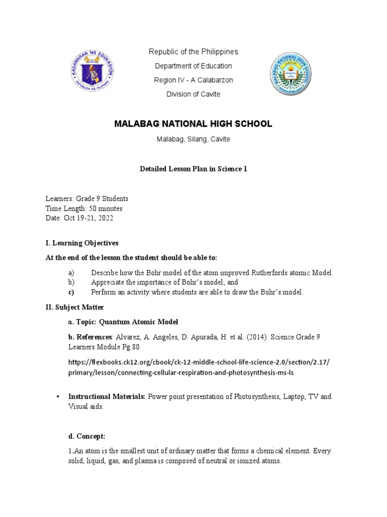 QUANTUM MODEL OF ATOM-Lesson-Plan | PDF | Cellular Respiration | Atoms