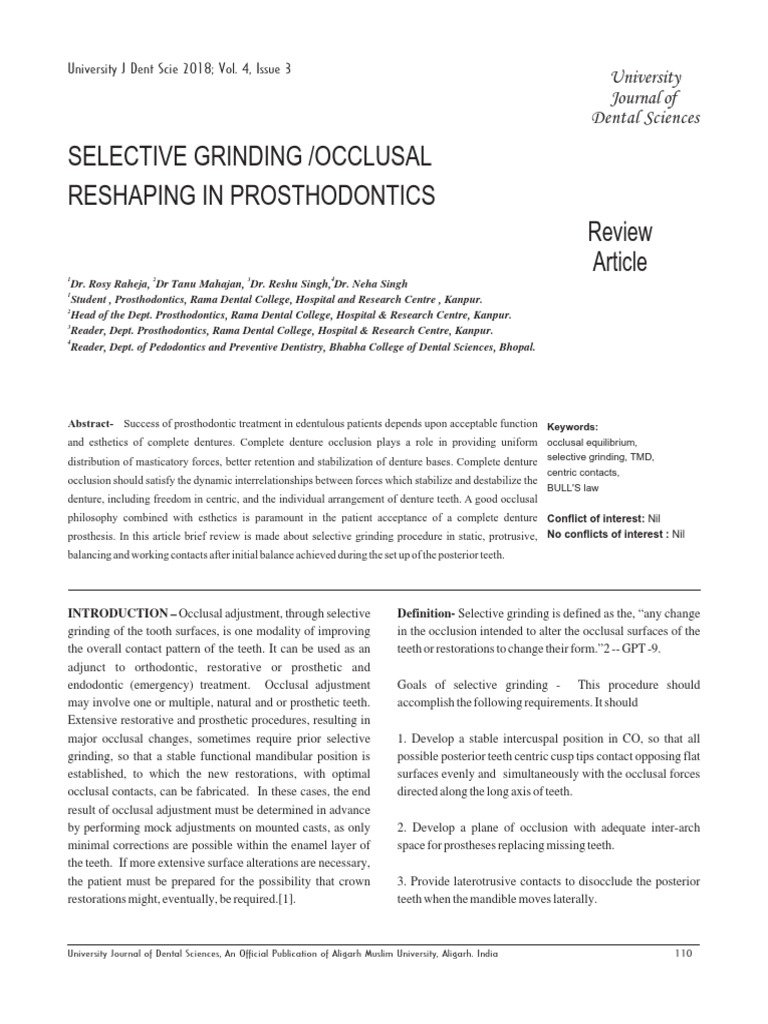Selective grinding in prosthodontics review | PDF | Dentistry Branches ...