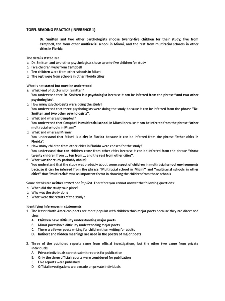 TOEFL Reading Inference Practice Test | PDF