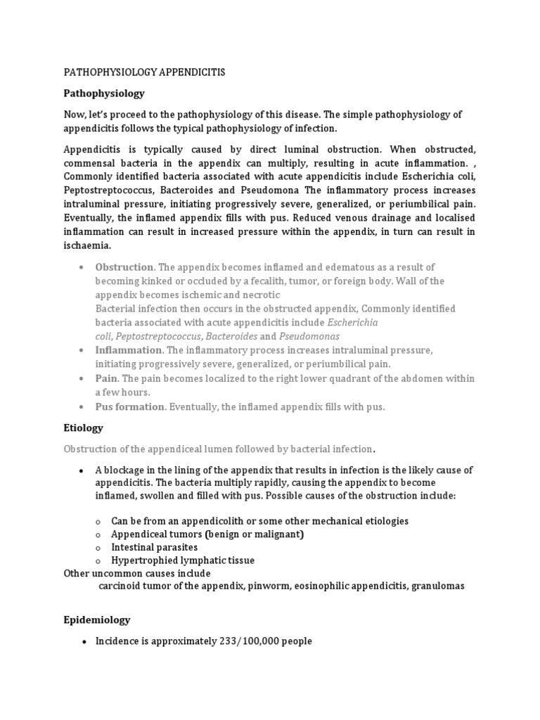 Pathophysiology Appendicitis | PDF | Inflammation | Abdomen