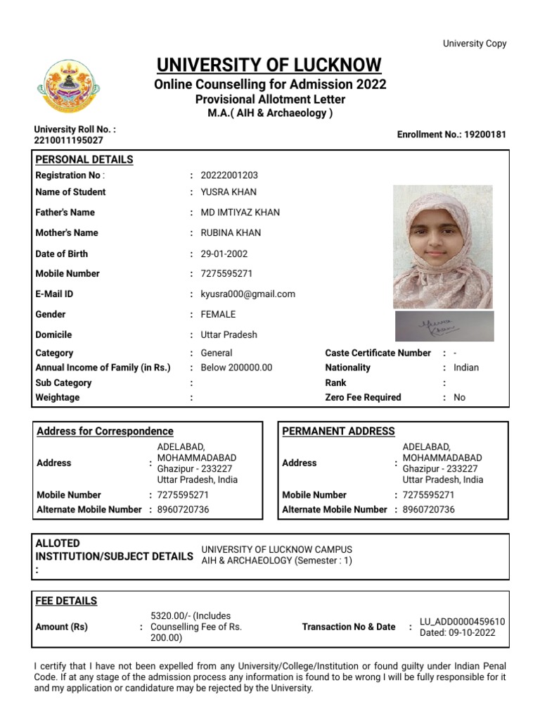 Https Apps - Lkouniv.ac - in Lu22control PGCounselling AllotmentLetterPG | PDF | Fee | Signature