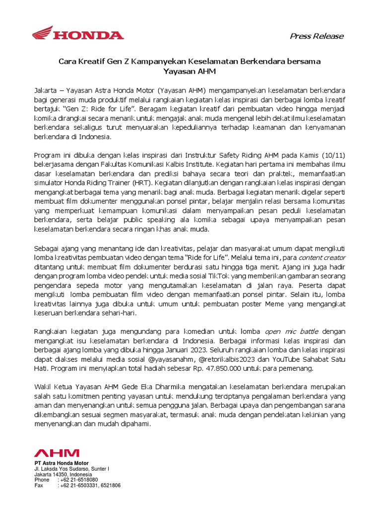 Press Release - Cara Kreatif Gen Z Kampanyekan Keselamatan Berkendara Bersama Yayasan AHM | PDF