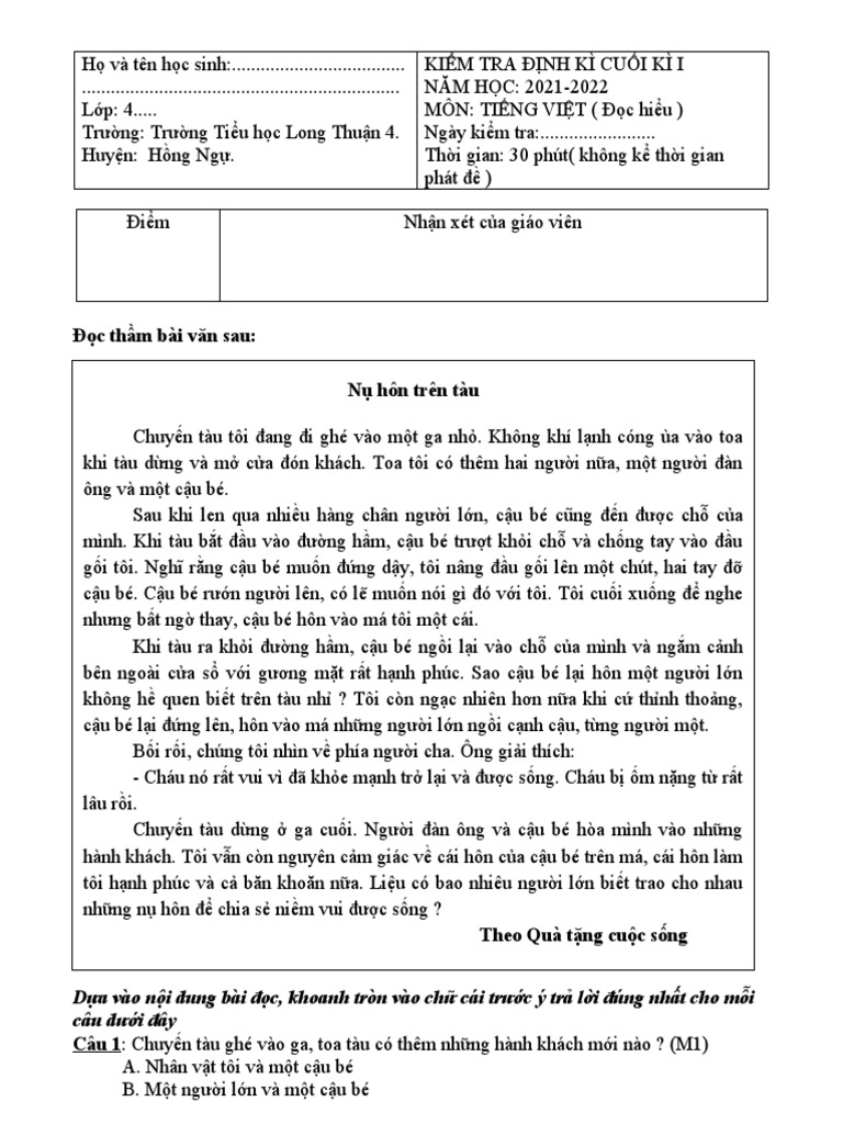 ĐỀ THI HKI-TV (Đọc hiểu) 4 (2021-2022). | PDF