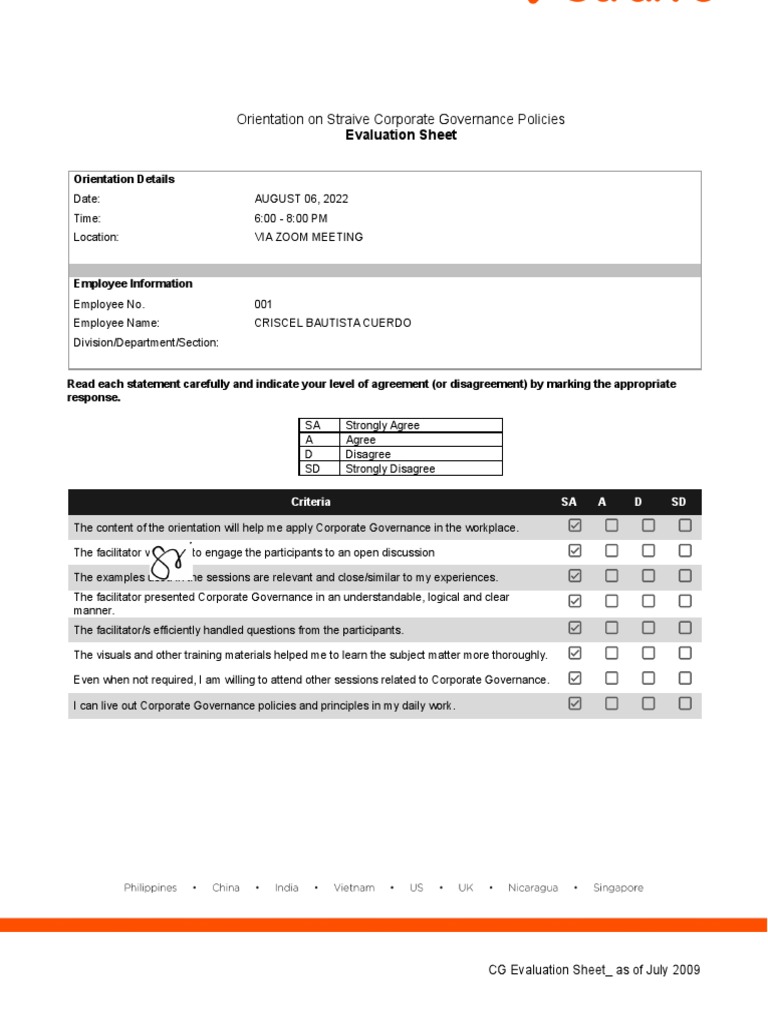 Straive - CG Orientation Evaluation Sheet - CUERDO | PDF | Corporate Governance | Employment