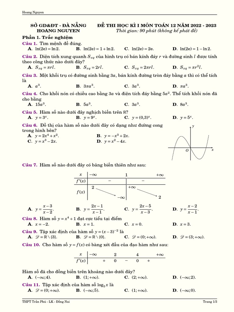 De Kiem Tra Cuoi Hoc Ki 1 Toan 12 Nam 2022 2023 So GDDT Da Nang | PDF