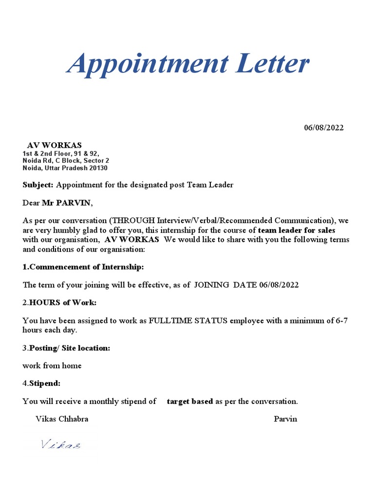 Internship Appointment Letter for Team Leader | PDF | Business
