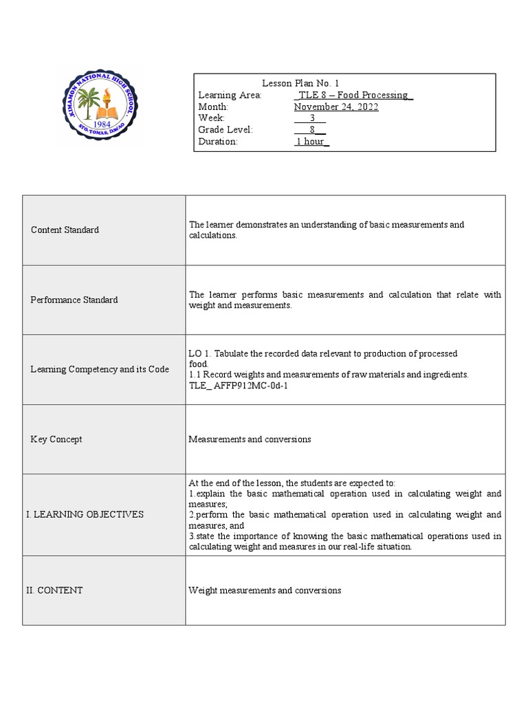 Grade 8 Food Processing Measurement Plan | PDF | Pound (Mass) | Ounce