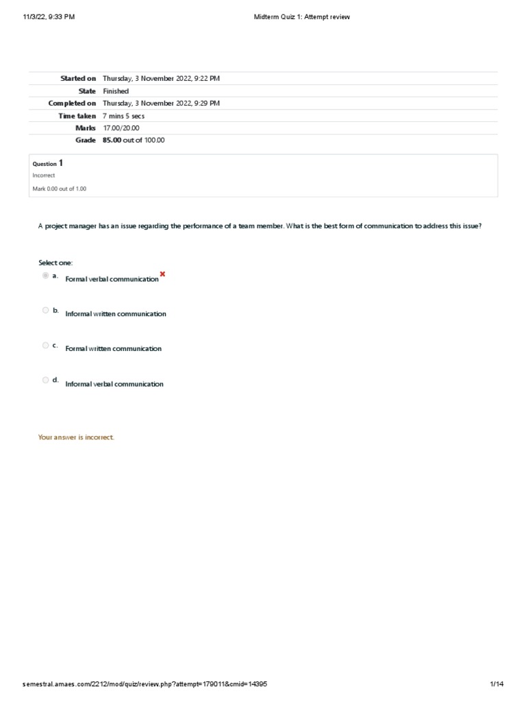 Midterm Quiz 1 Attempt Review | PDF | Communication | Project Management