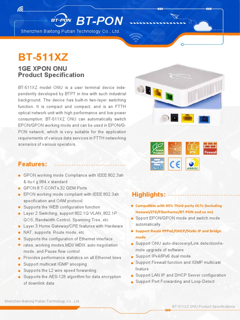 BT-PON BT-511XZ XPON ONU ONT Datasheet | PDF | Network Switch | Computer Network