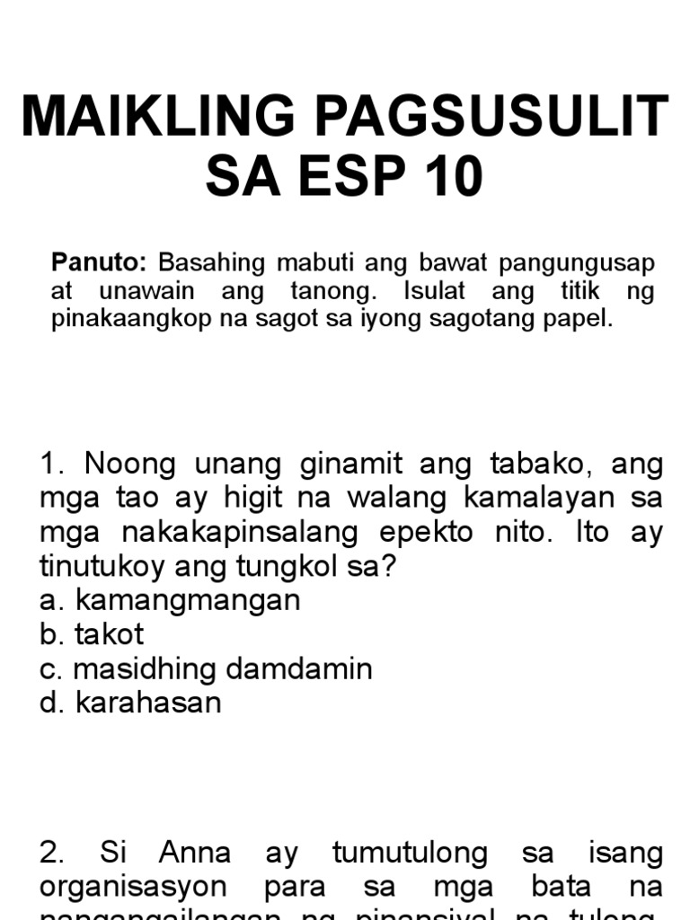 Maikling Pagsusulit Sa Esp 10 | PDF