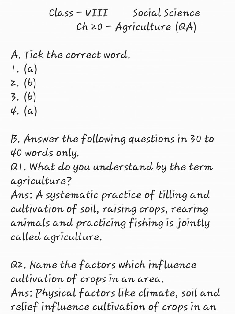 SST - Class 8 - CH 20 Agriculture QA | PDF