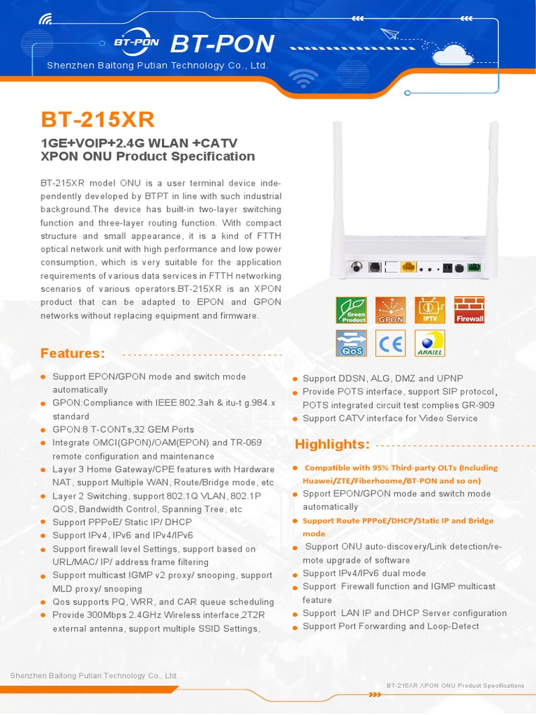 BT-PON BT-215XR XPON ONU ONT Datasheet | PDF | Network Switch ...